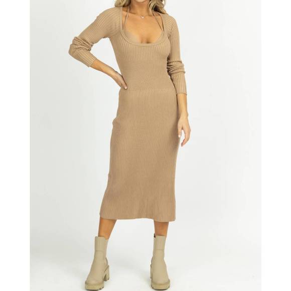 Mable | Dresses | New Mable Knit Layered Bra Midi Dress Set In Taupe ...